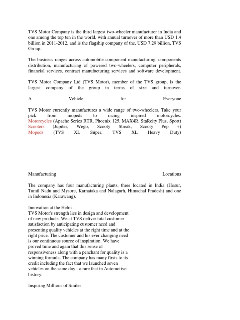 TVS Motor Company Is The Third Largest Two | PDF | Companies | Motorcycle