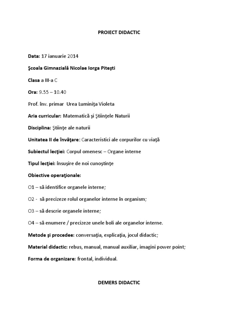 0 Proiect Lectie Corpul Omenesc Organe Interne | PDF