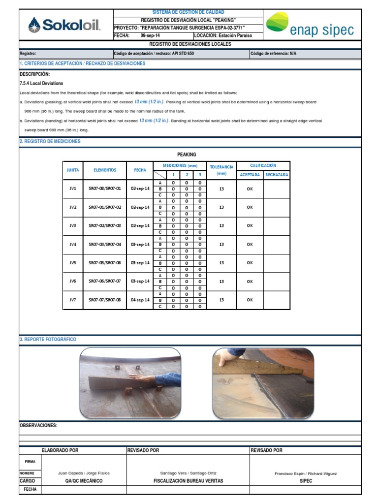 Registro Peaking y Banding Soldaduras Tanques | Enseñanza de matemática