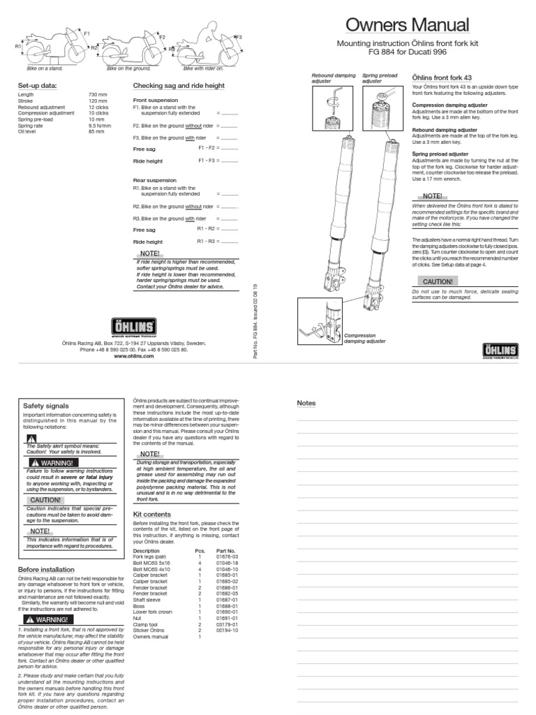 Mounting Instruction Ohlins Front Fork Kit FG 884 For Ducati 996 | PDF ...