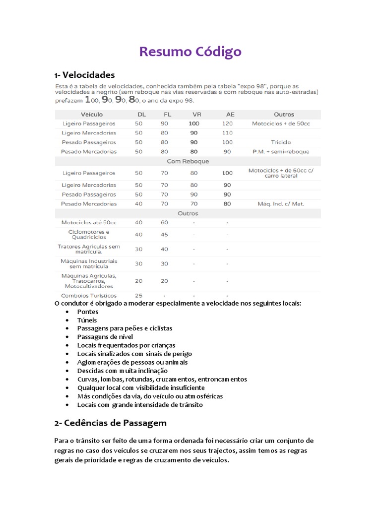 Resumo Código Da Estrada (Pontos Essenciais Novo Codigo) 2014 | PDF