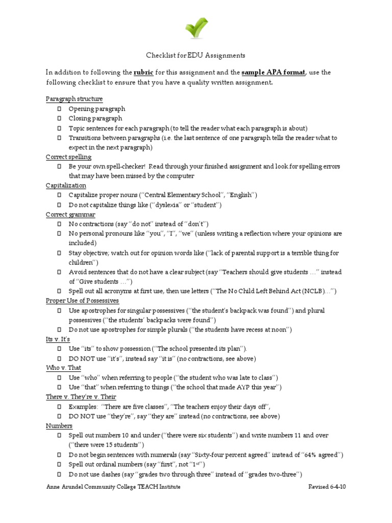 Checklist For EDU Assignments | PDF