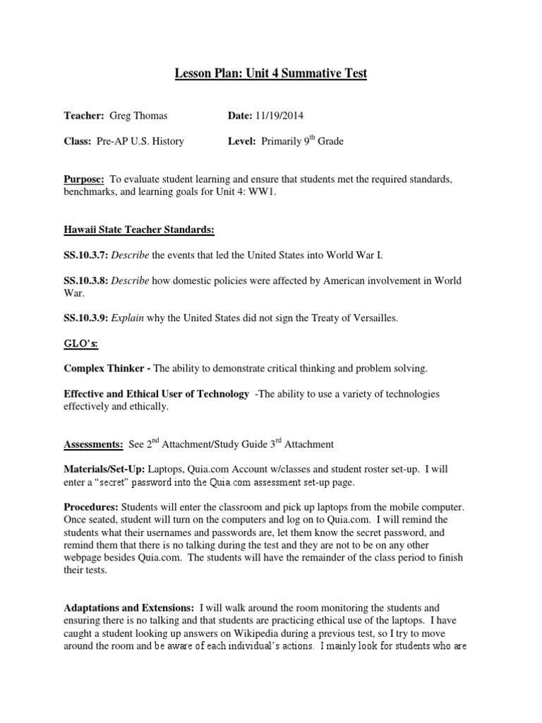 unit 4 summative assessment lesson plan | Educational Assessment ...