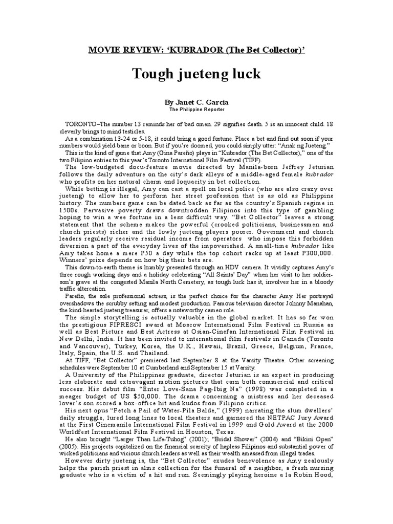 Tough Jueteng Luck | PDF | Entertainment | Gaming And Lottery