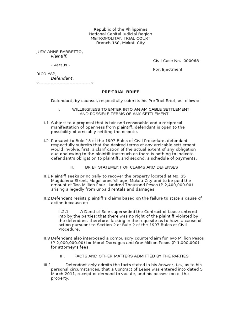 Pre-trial Brief - Ejectment | Lawsuit | Common Law