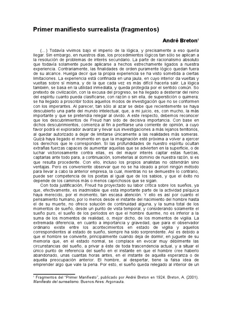 Breton Primer Manifiesto Surrealista Fragmentos Pdf Surrealismo