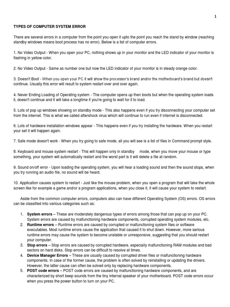Types of Computer System Error | PDF | Booting | Troubleshooting