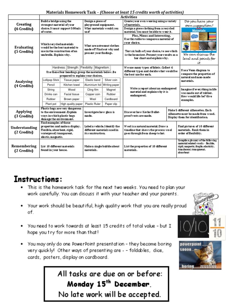 Materials Homework Task Grid | Download Free PDF | Plastic | Paper