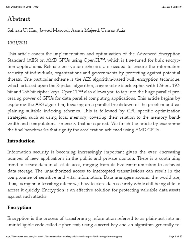 Bulk Encryption On GPUs - AMD | PDF | Cipher | Cryptography