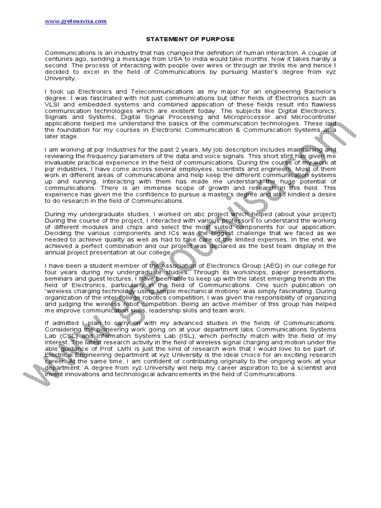Sample SOP - Electrical Engineering | Telecommunication | Electrical ...