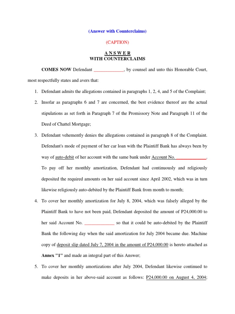Answer With Counterclaims SAMPLE FORMAT | PDF | Lawsuit | Damages