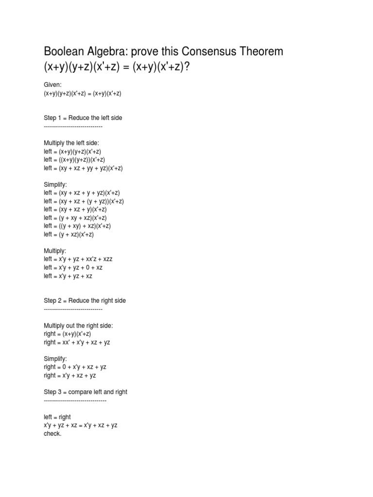 Boolean Algebra: Prove This Consensus Theorem (X+y) (Y+z) (X'+Z) (X+y ...