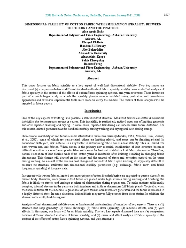 Dimensional Stability of Cotton Fabric: A Comparison of Methods for ...