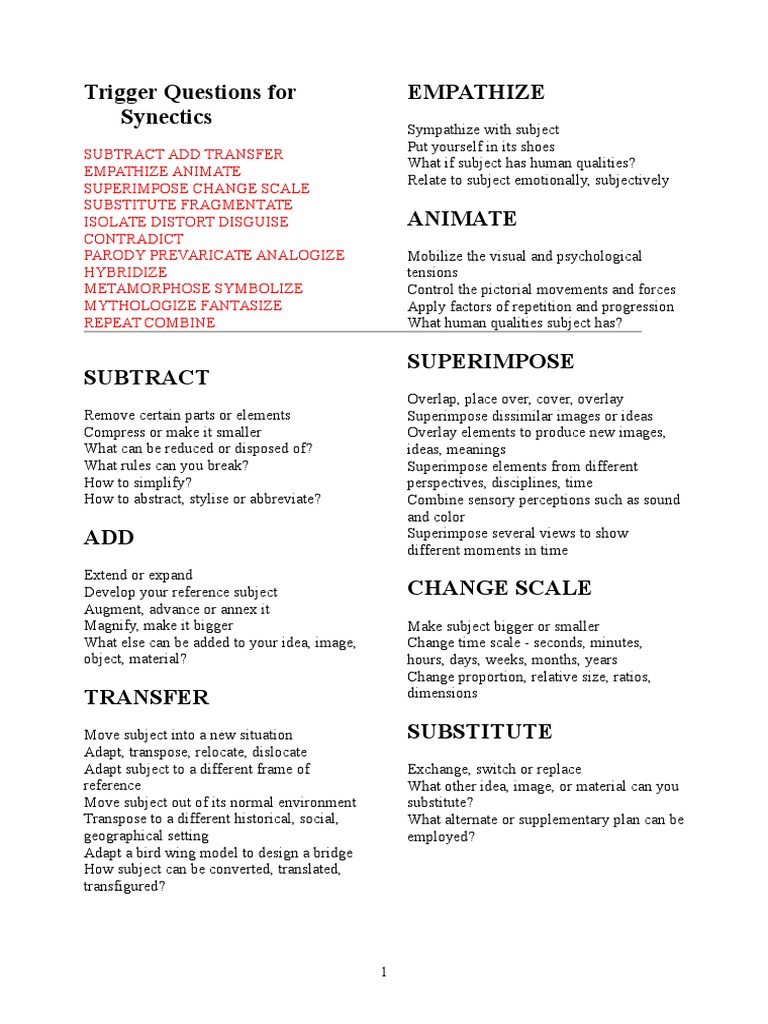 Trigger Questions For Synectics | PDF | Perception | Symbols