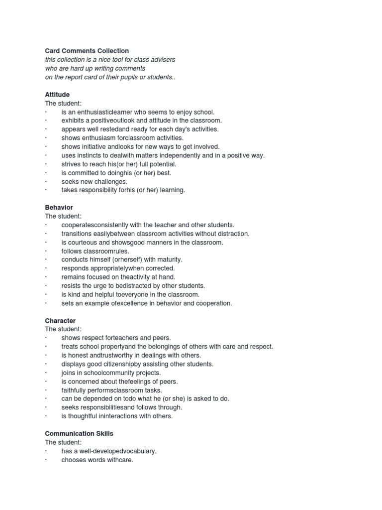 Card Comments Collection | PDF | Classroom | Applied Psychology