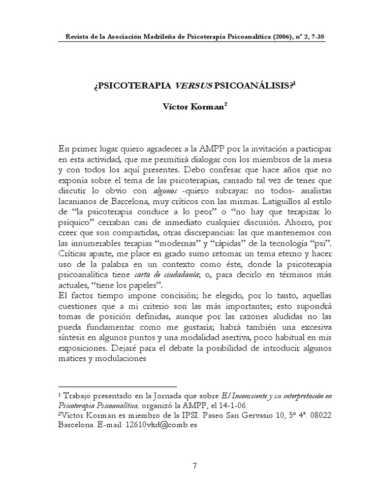 Psicoterapia y Psicoanálisis: Distinciones | PDF | Psicoanálisis ...