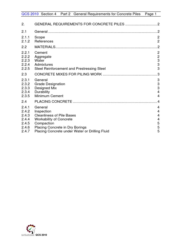 QCS 2010 Section 4 Part 2 General Requirements For Concrete Piles | PDF | Deep Foundation | Concrete