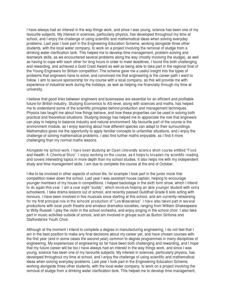 Personal Statement Manufacture Engineering PDF Engineer Science