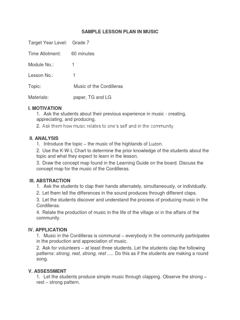 Grade 7 Music Lesson Plan Sample | PDF | Lesson Plan | Teachers
