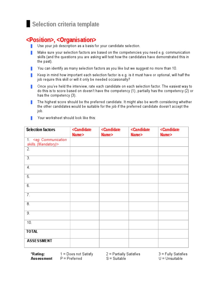 Selection Criteria Template | PDF
