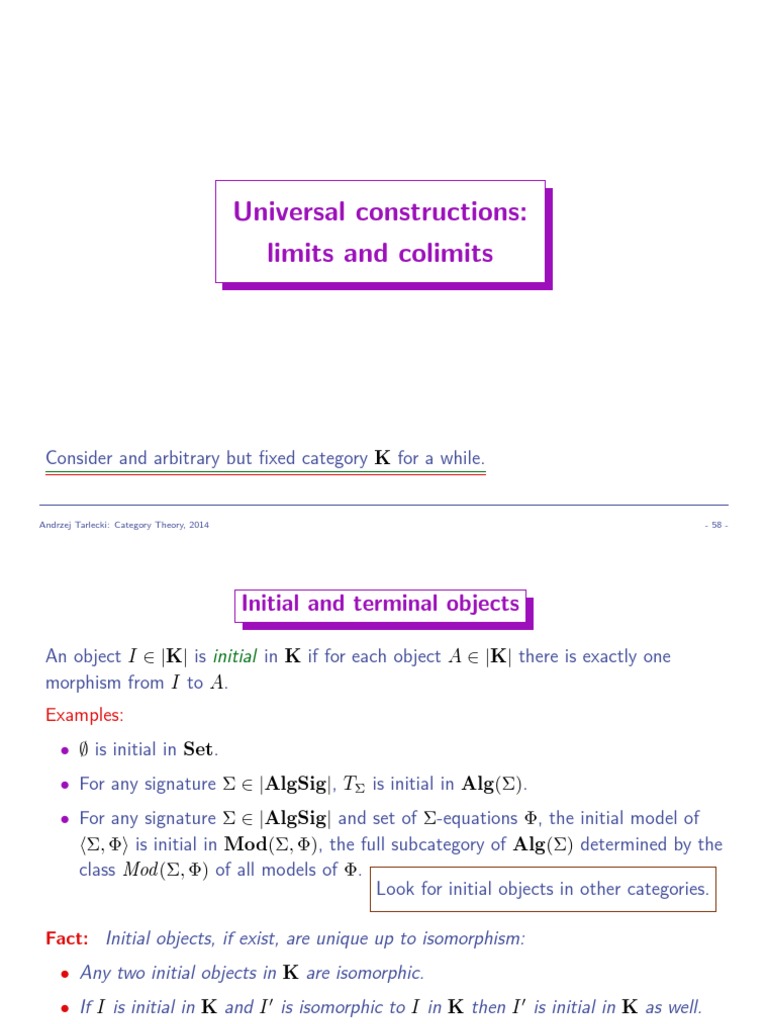 Universal Constructions: Limits and Colimits: Consider and Arbitrary But Fixed Category For A ...