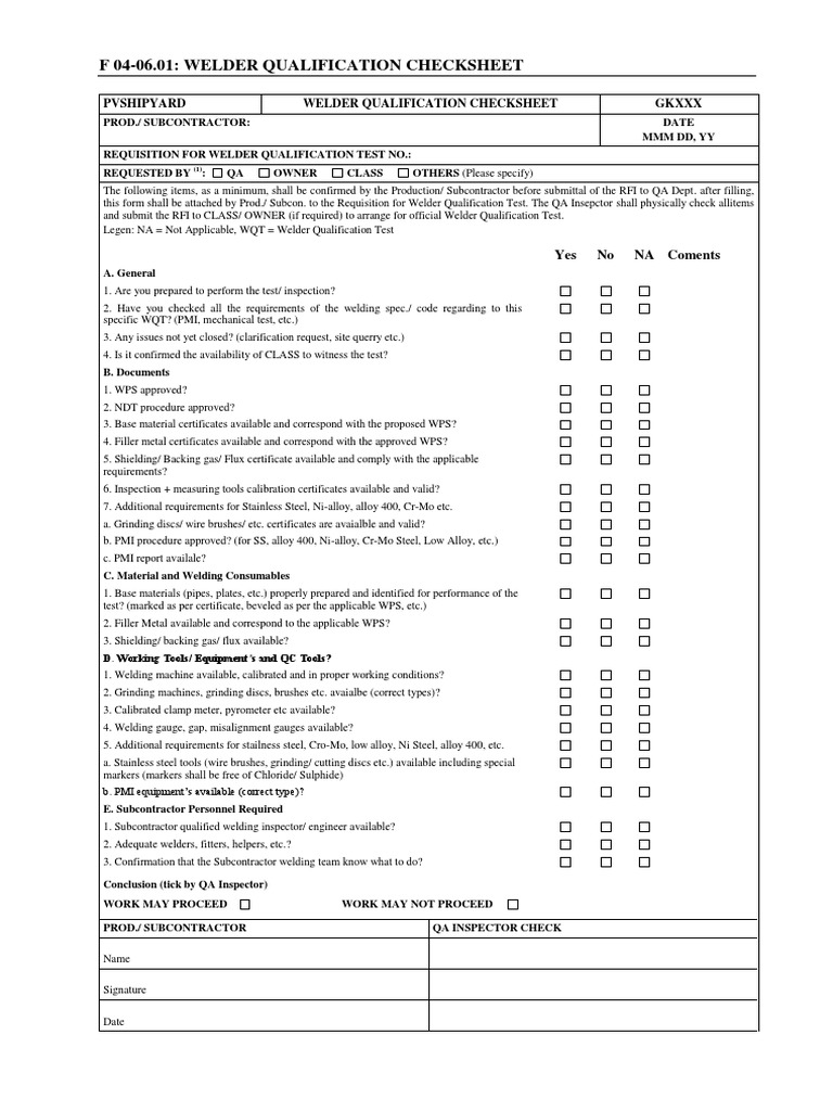 F 04-06.01 Welder Qualification Checksheet | Welding | Industries