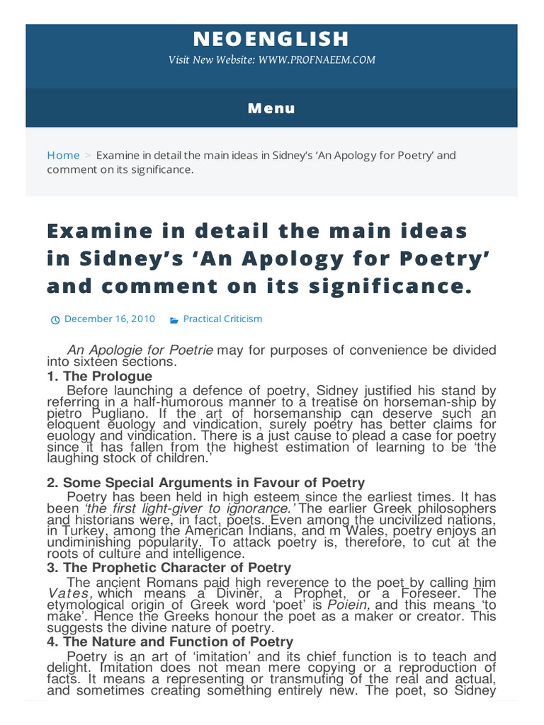 Apology For Poetry by Sidney | PDF | Poetry | Lyric Poetry