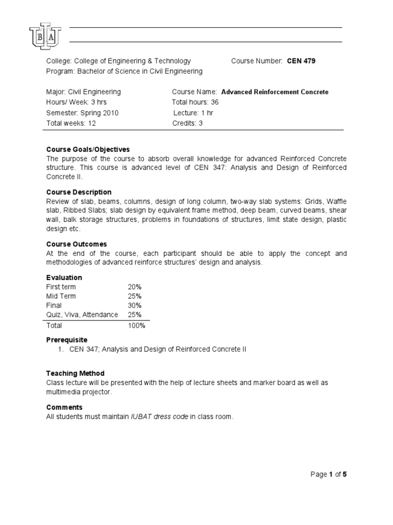 Course Outline CEN 479 | PDF | Academic Term | Reinforced Concrete