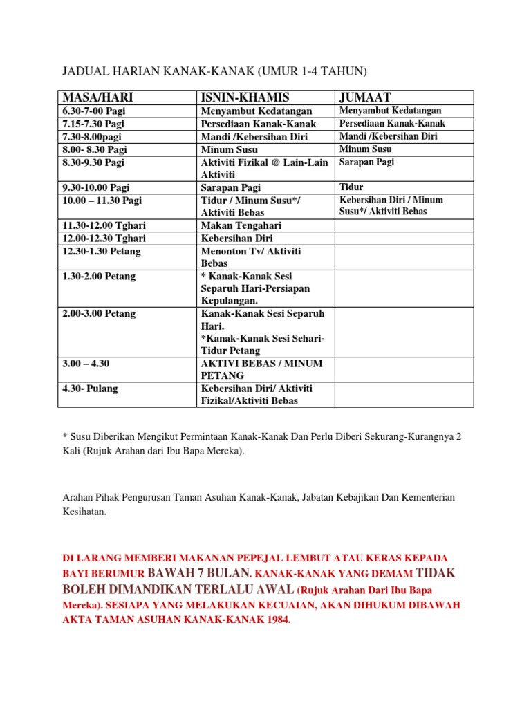 Jadual Harian Kanak | PDF
