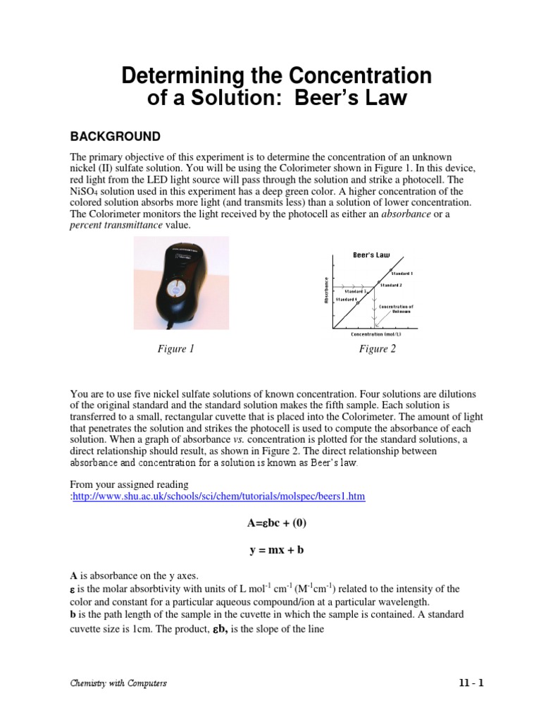 Beer’s Law: Concentration Determination | PDF | Absorbance | Molar ...