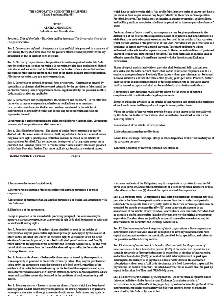 Overview of the Corporation Code | PDF | Corporations | Stocks