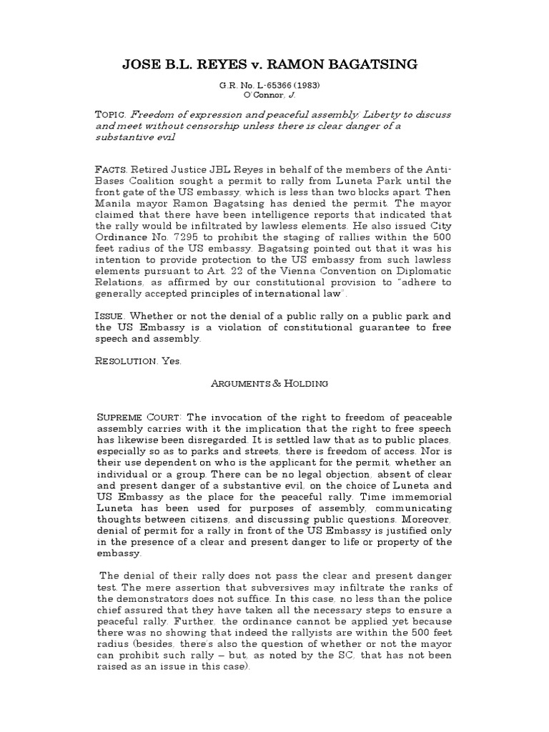 JBL Reyes v. Bagatsing | PDF | Freedom Of Speech | Supreme Court Case Law