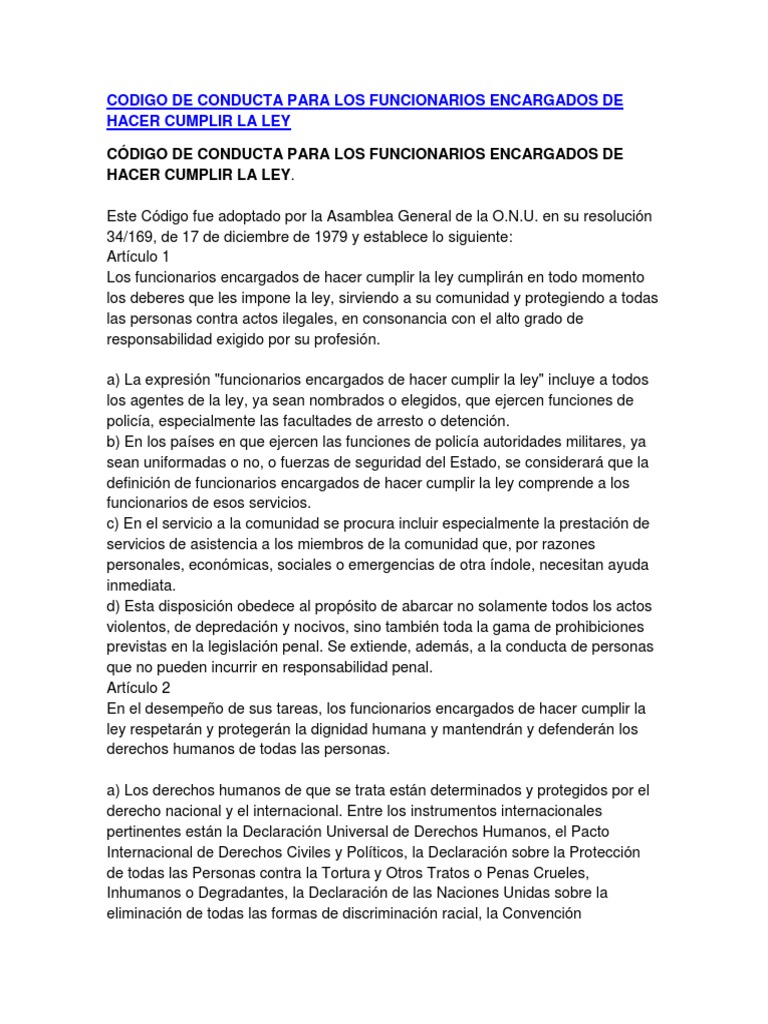 Codigo de Conducta para Los Funcionarios Encargados de Hacer Cumplir La Ley | PDF | Tortura ...