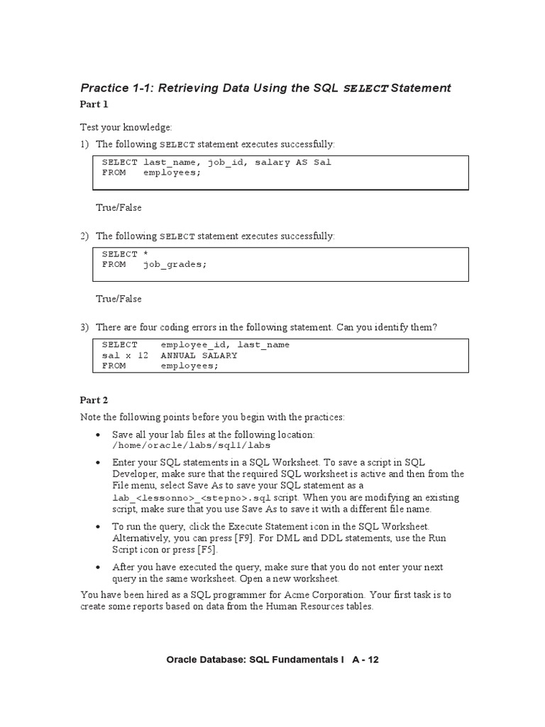 Practice 1-1: Retrieving Data Using The SQL SELECT Statement | PDF