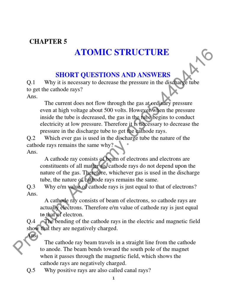 5 Chapter Atomic Structure Short Questions and Answers PDF | PDF ...