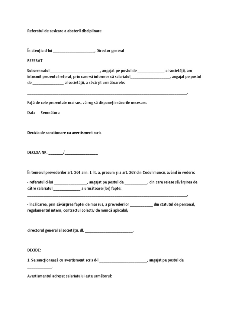 Referatul de Sesizare a Abaterii Disciplinare_Avertisment Salariat