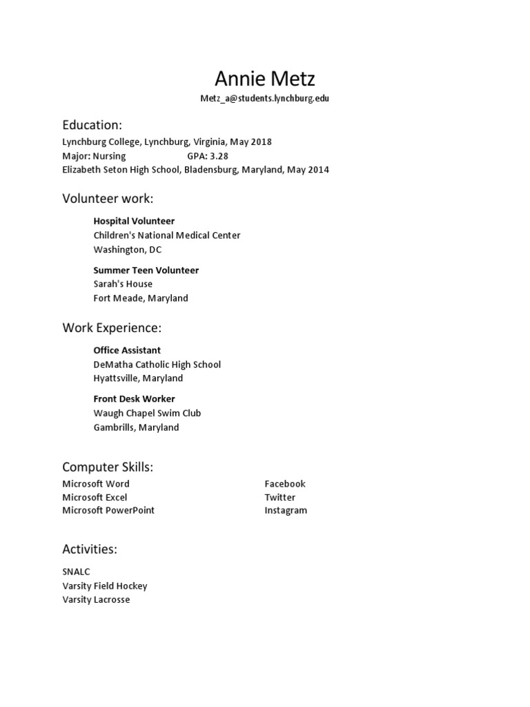Annie Metz Nursing Resume 2018 | PDF | Career & Growth