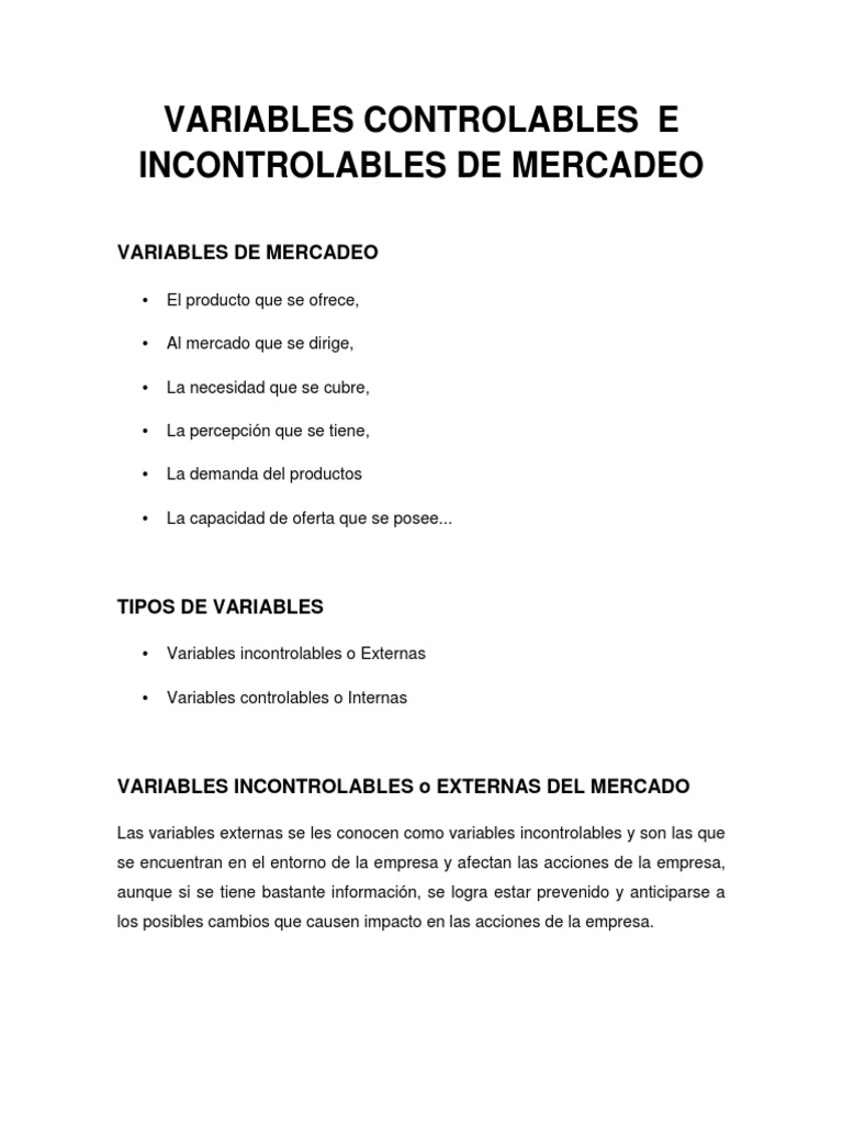 Variables Controlables e Incontrolables en Marketing | PDF ...
