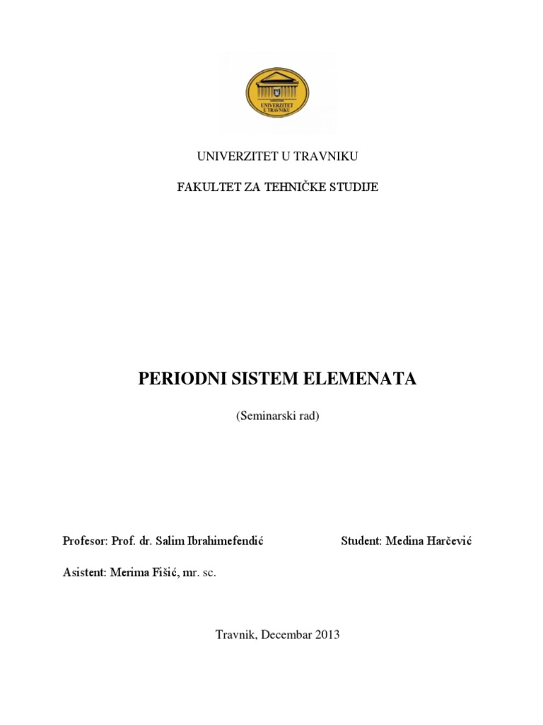 Seminarski rad - Hemija - Periodni Sistem Elemenata - Harčević Medina