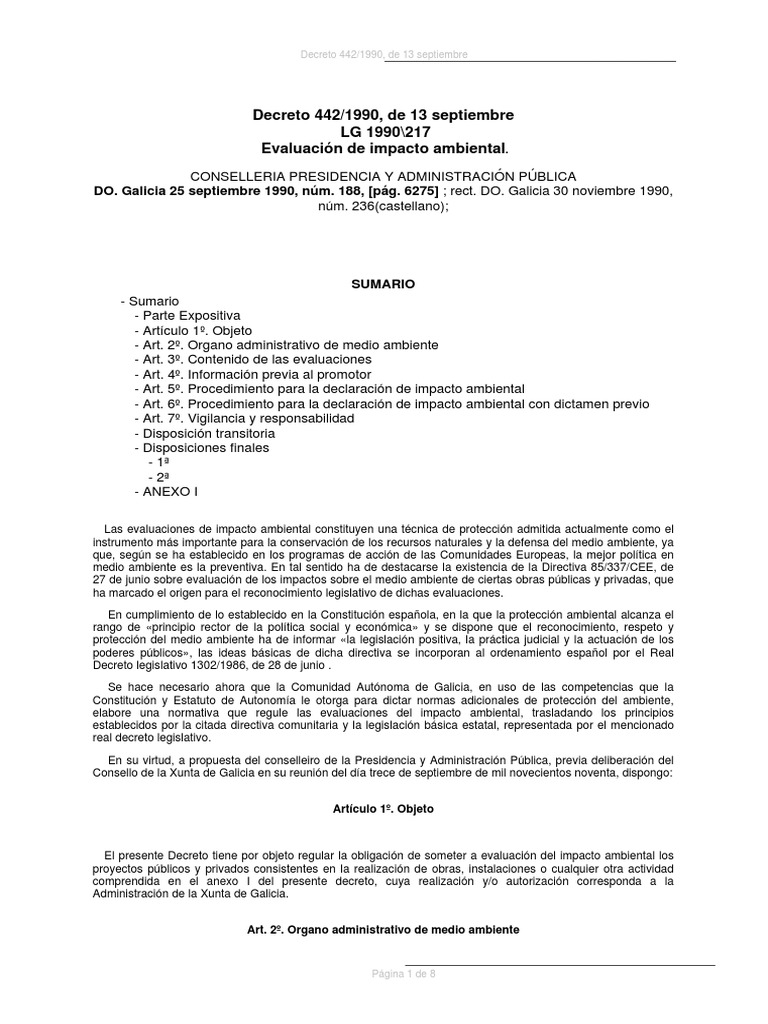 Decreto 442-1990 de 13 de Setembro Sobre Avaliación Do Impacto Ambienta para Galicia DOG 25-9 ...