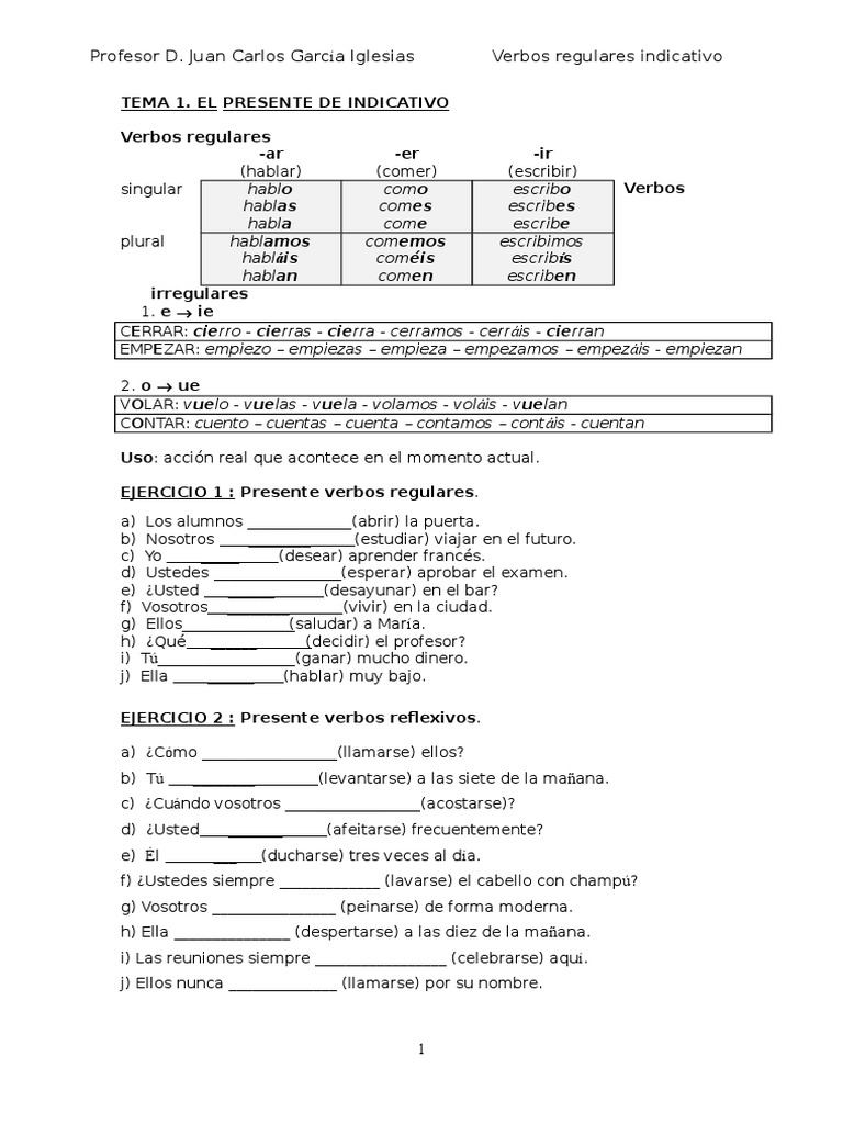 Ejercicios Verbos Regulares Indicativo | Verbo | Gramática