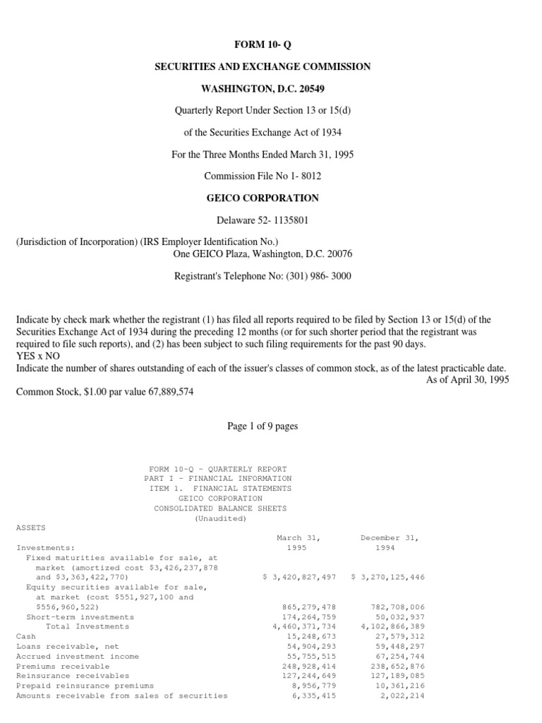 GEICO Corporation Form 10 Q (May 15 1995) | PDF | Stocks | Insurance