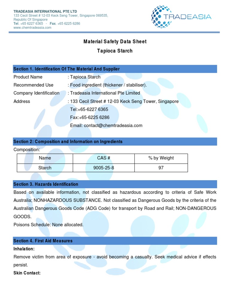 31662tapioca Starch - MSDS | PDF | Dangerous Goods | Personal ...