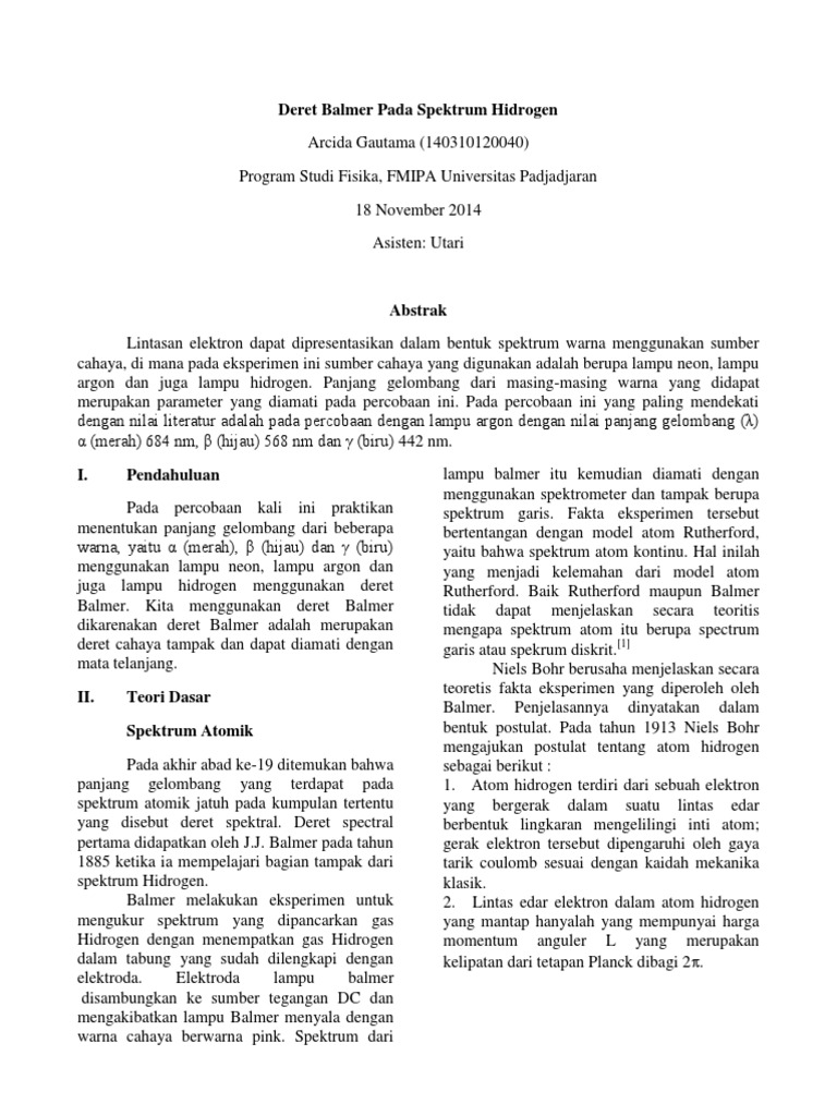 Deret Balmer Pada Spektrum Hidrogen | PDF