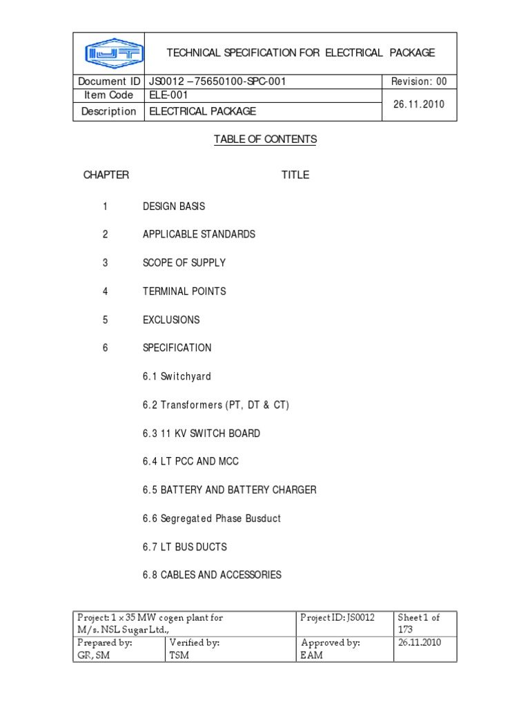 NSL - Technical Specification For Electrical Package | PDF | Electrical ...