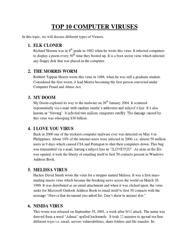 Types Of Computer Viruses Names