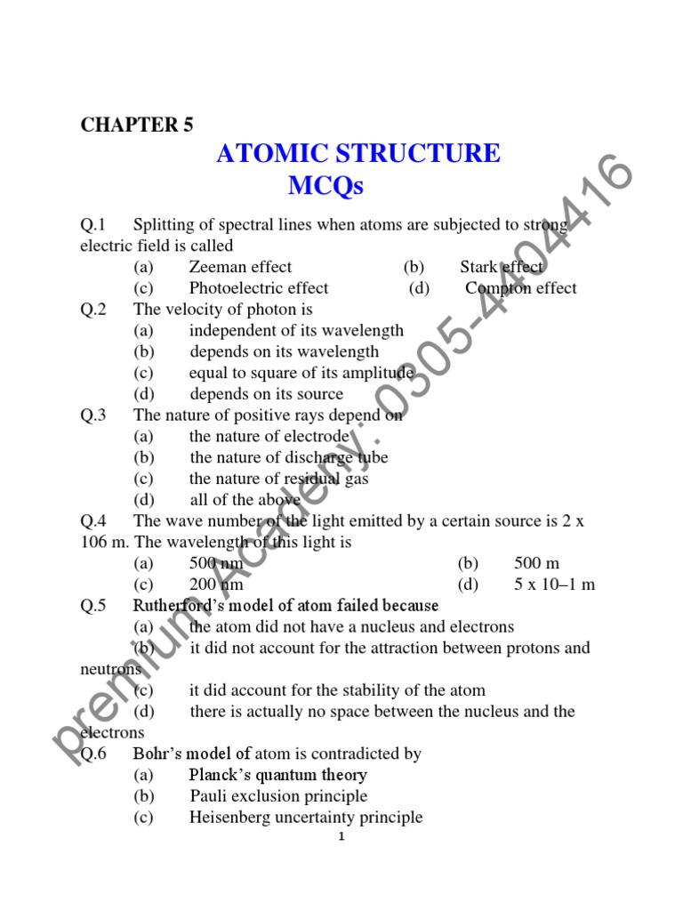 Atomic Structure MCQs and Answers | PDF | Atomic Orbital | Atoms