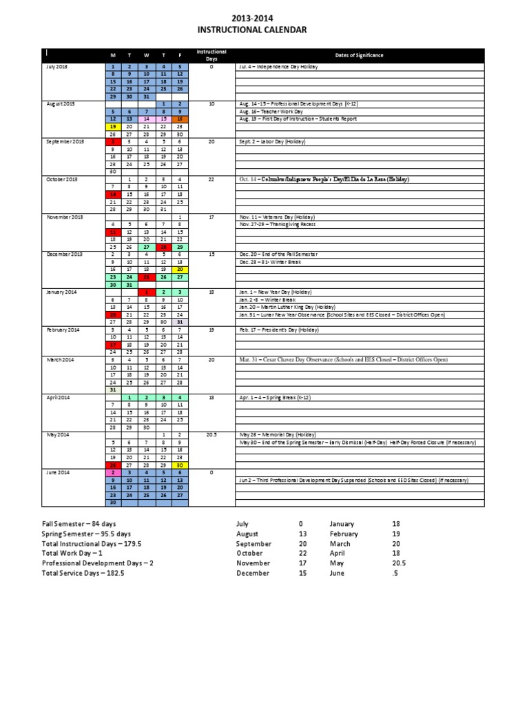 2013-2014 Instructional Calendar Final With Furlough Days - Final | PDF ...
