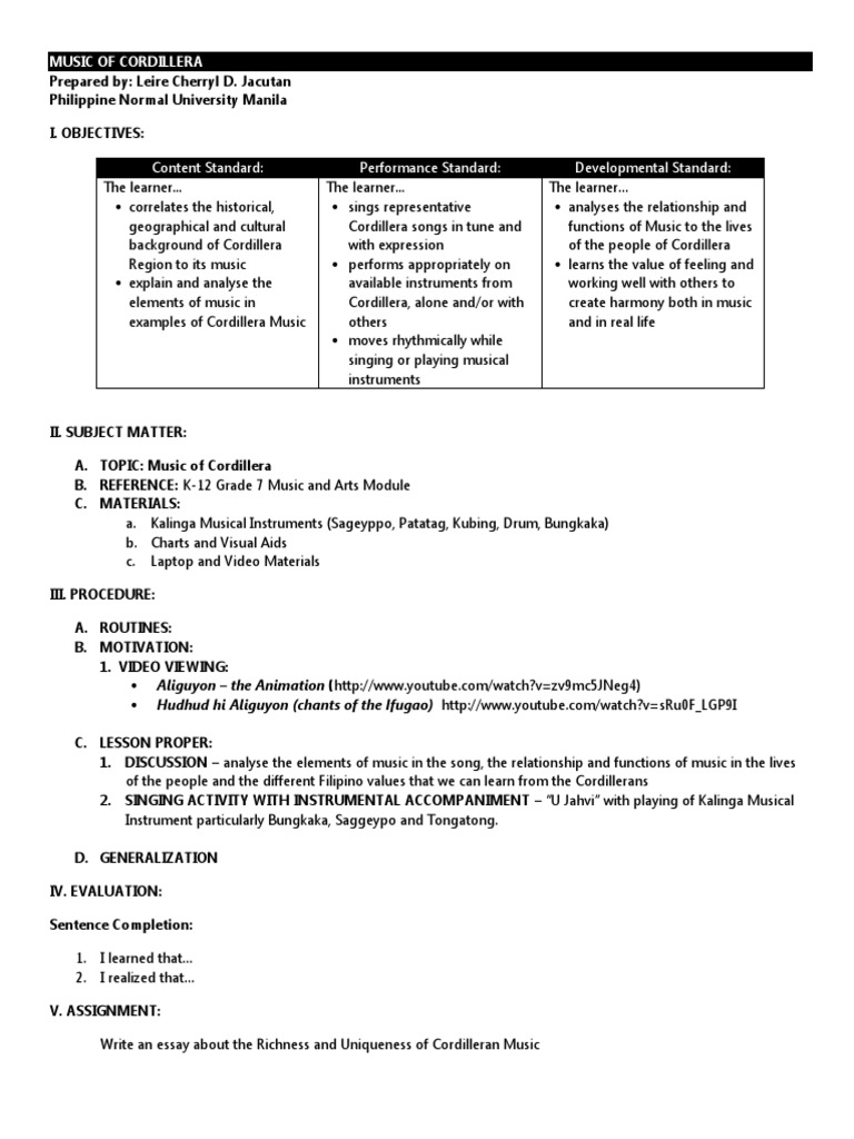 Prototype Lesson Plan in Music | PDF