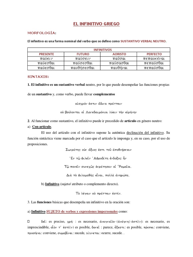 Esquemas de Gramática. INFINITIVO | PDF | Asunto (gramática) | Verbo